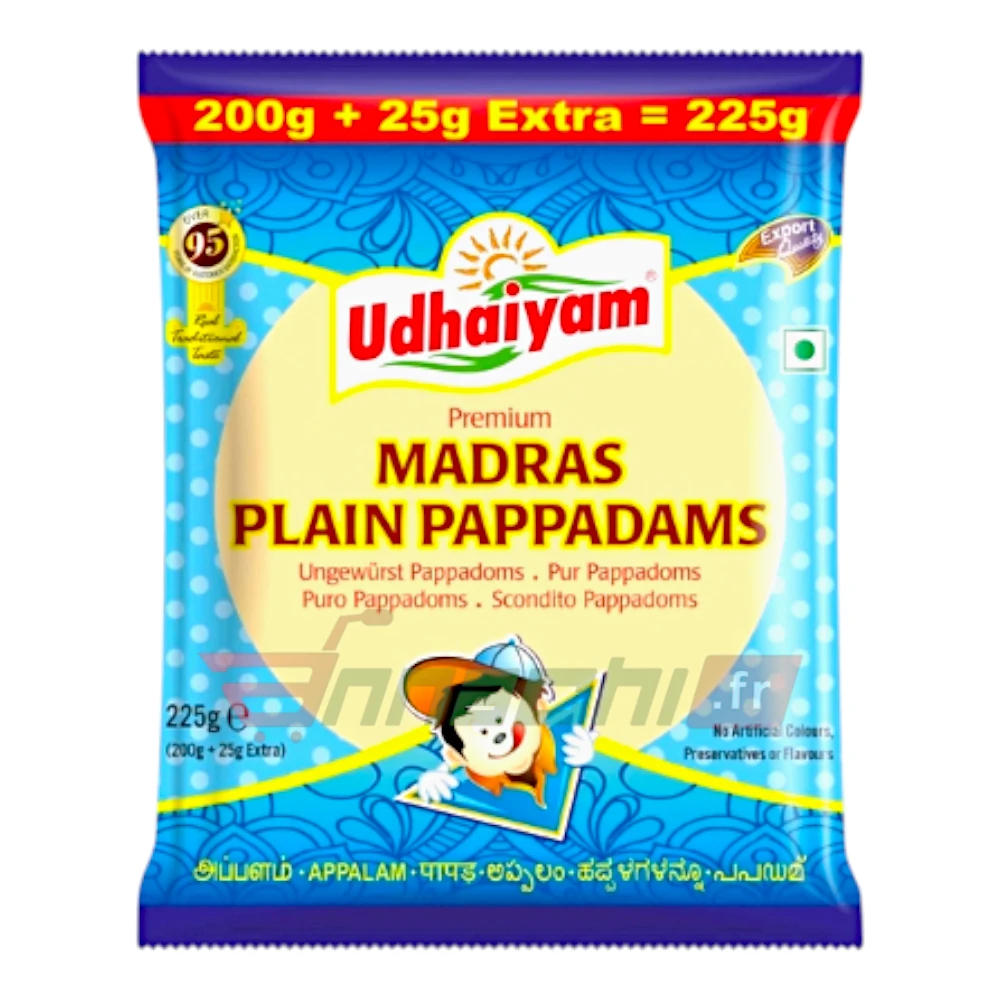 UDHAIYAM MADRAS PLAIN PAPAD (200g + 10% EXTRA) - 225g - Annachi Supermarket